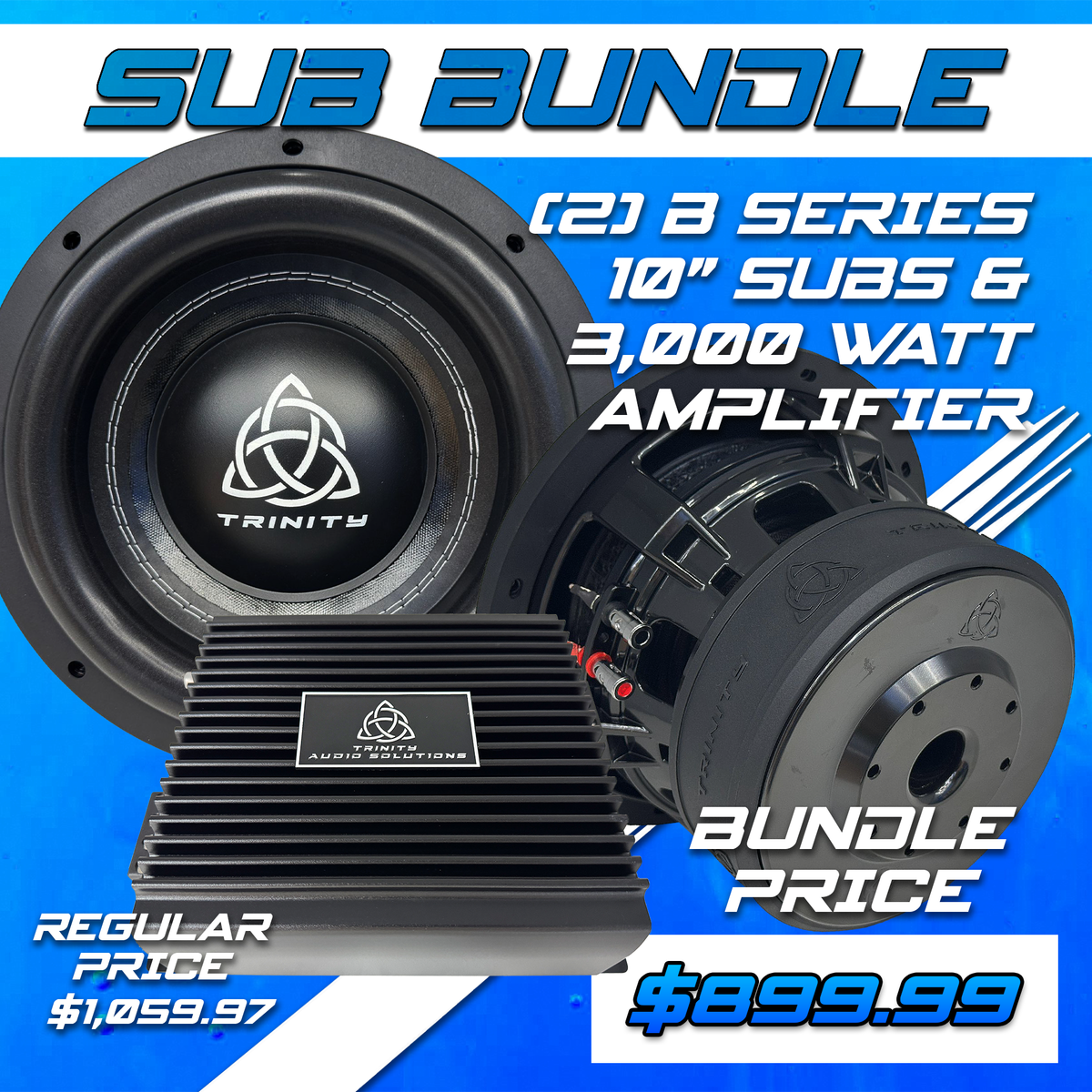 Trinity Audio Dual B Series 10" Subwoofers & LOGIQ-3K 3,000 Watt Monob ...