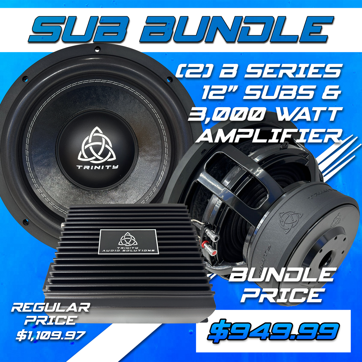 Trinity Audio Dual B Series 12" Subwoofers & LOGIQ-3K 3,000 Watt Monob ...